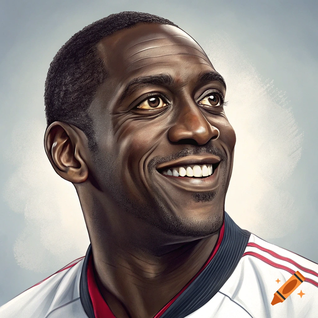 Close-up painterly portrait of a dark-skinned man in a sports jersey, smiling. on Craiyon