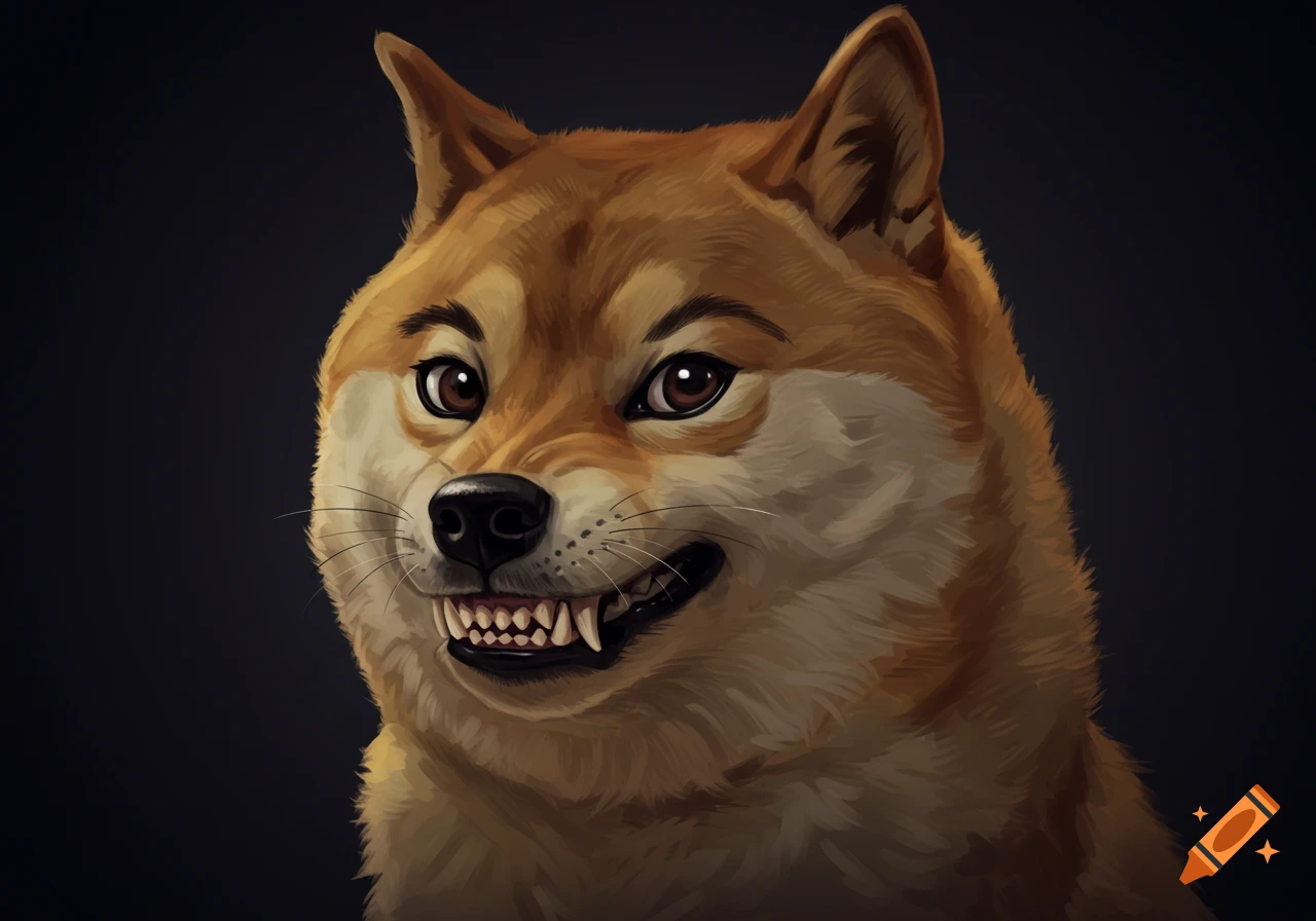 Close-up digital painting of a menacing Shiba Inu dog with bared teeth ...