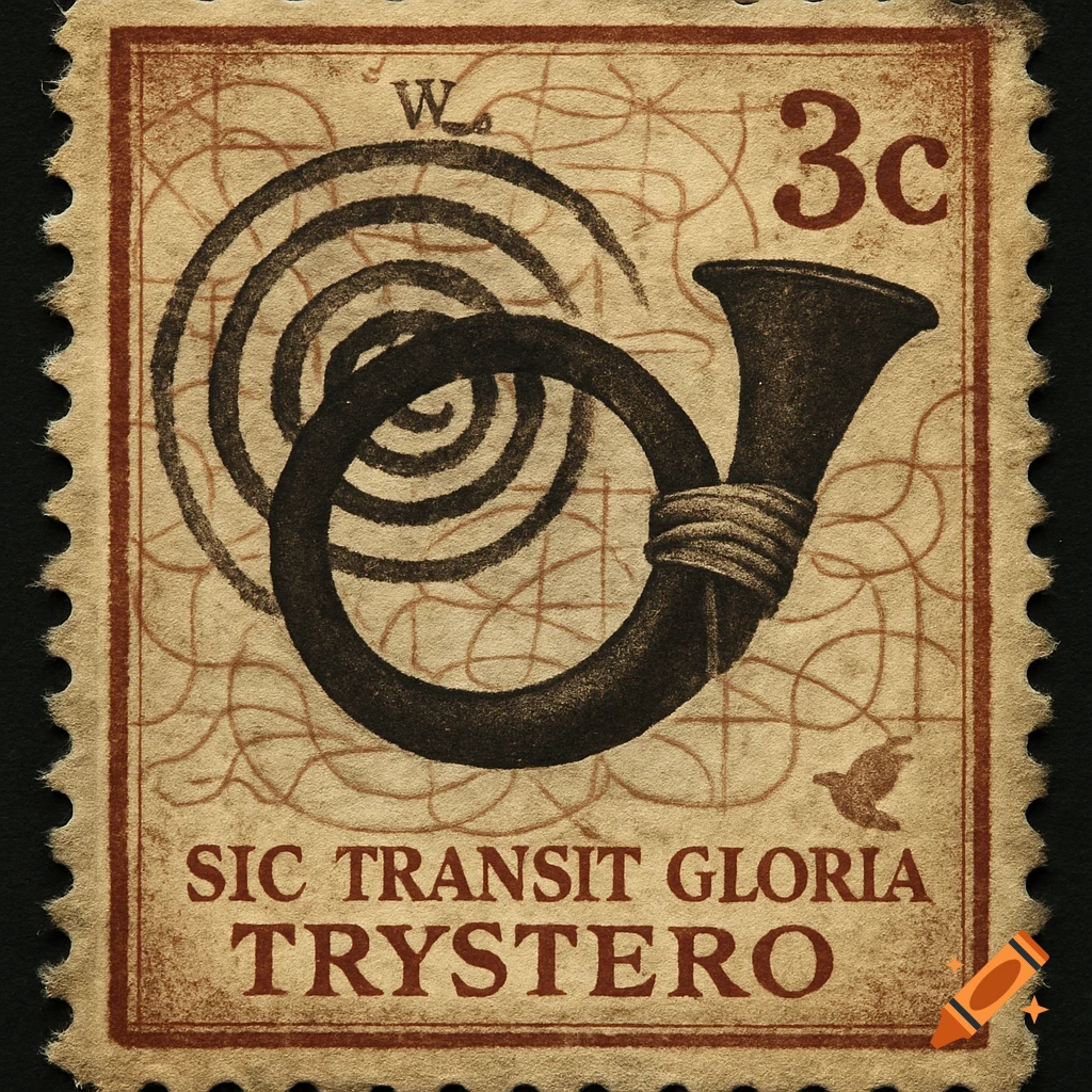 Vintage-style postage stamp with a black post horn, spiral, text 'Sic ...