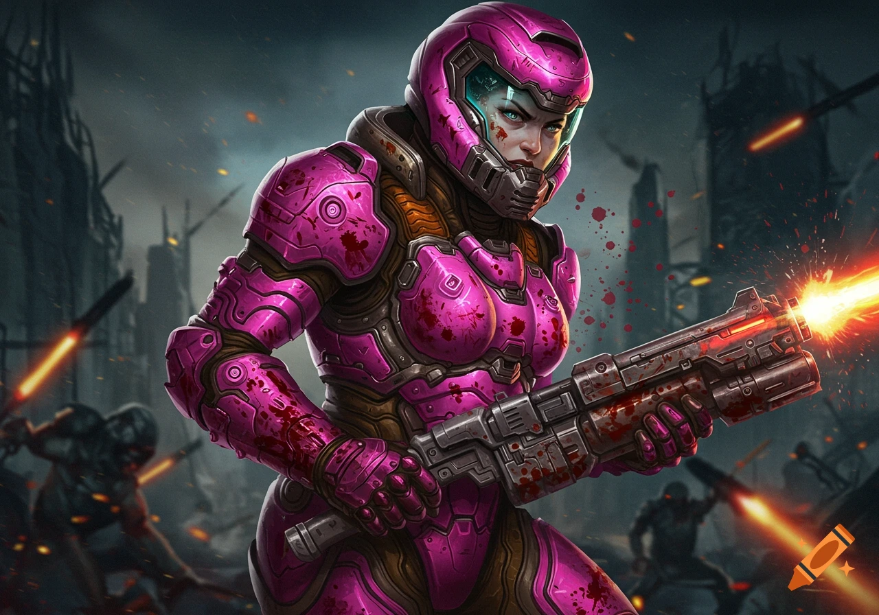 Female character in pink armor covered in blood firing a weapon in a ...