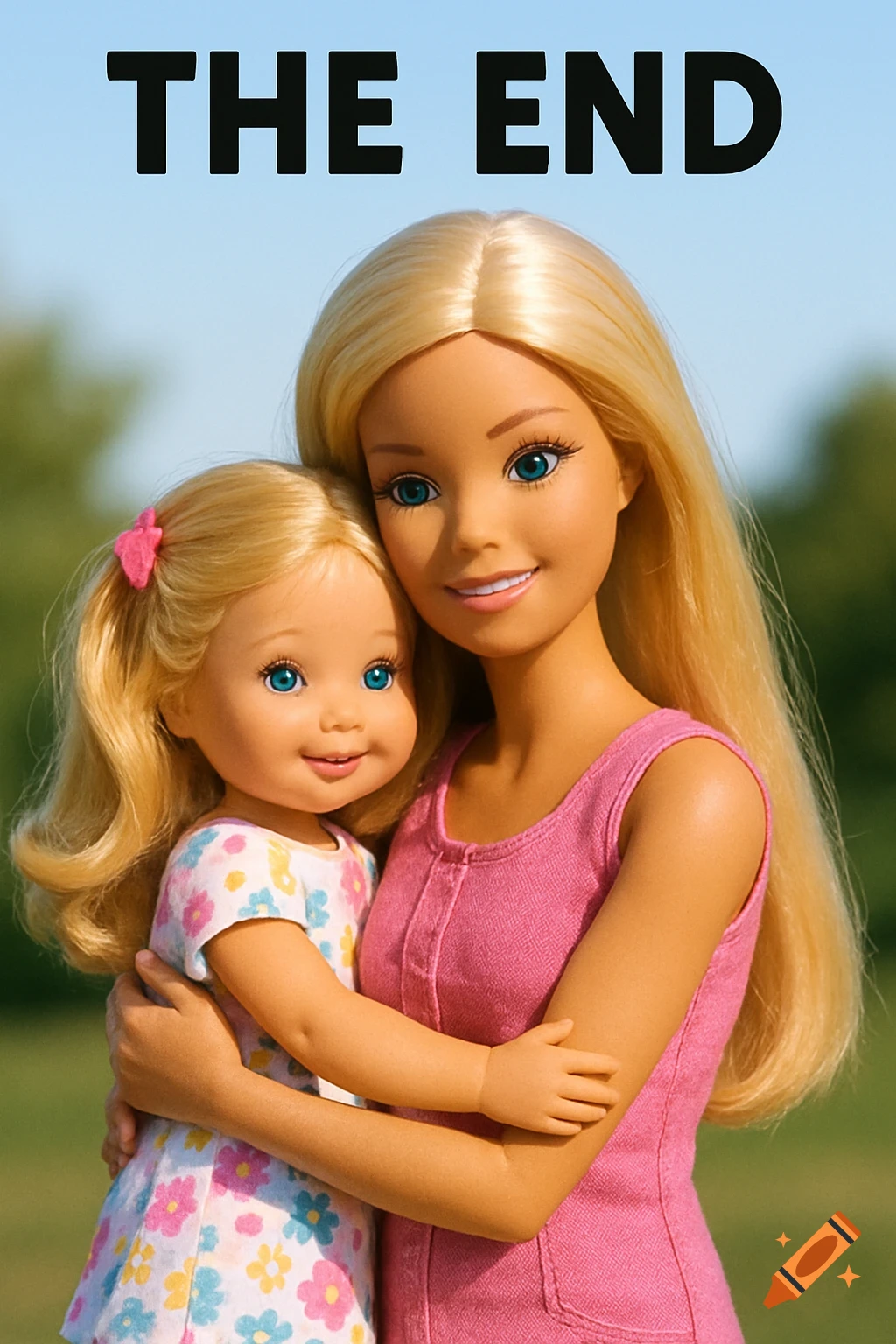 Two Barbie dolls, a mother and child, hug outdoors with text 'THE END ...