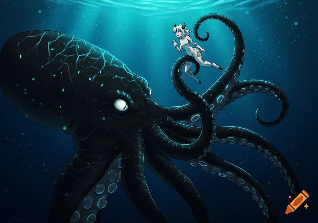 A giant black octopus holds a humanoid cow-girl creature underwater in ...