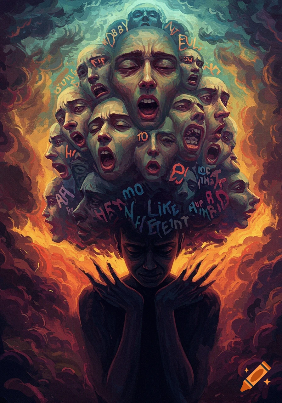 Surreal painting of a person hunched over with a pile of distorted ...