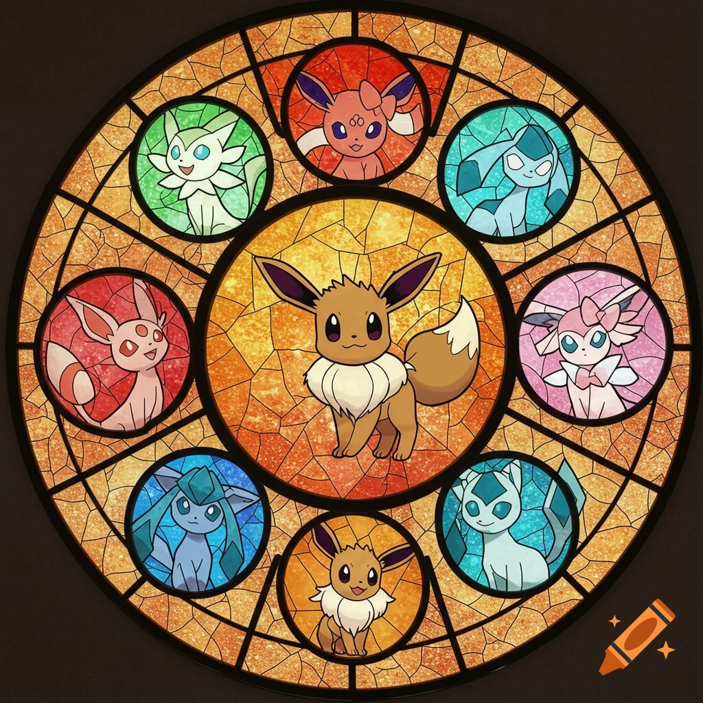 Stained glass circular window with Eevee and various Eeveelutions. on ...