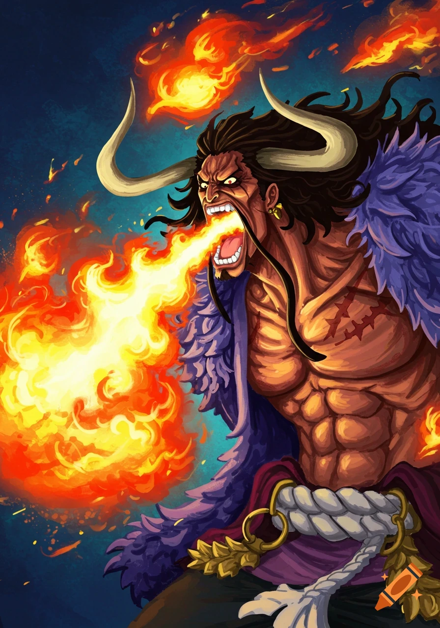 Illustrative art of Kaido from One Piece breathing fire on Craiyon