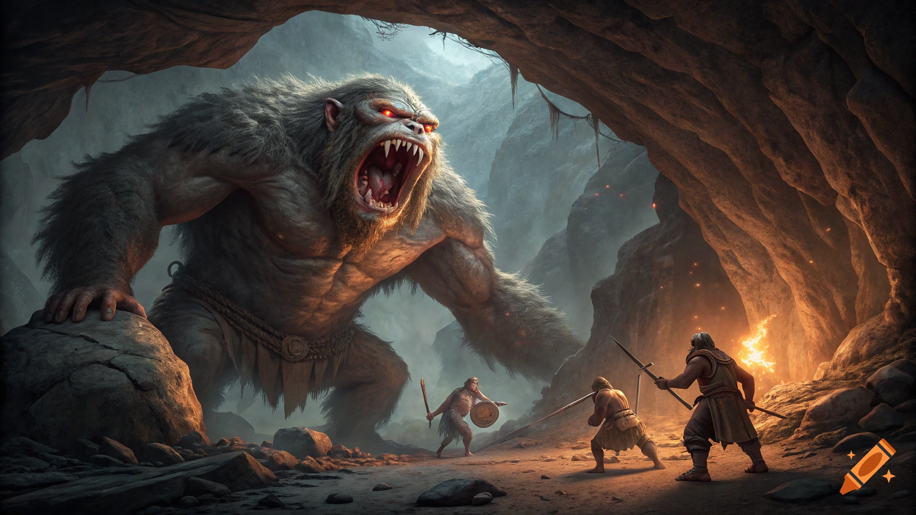 Giant ape-like monster with red eyes roars at two warriors fighting it ...