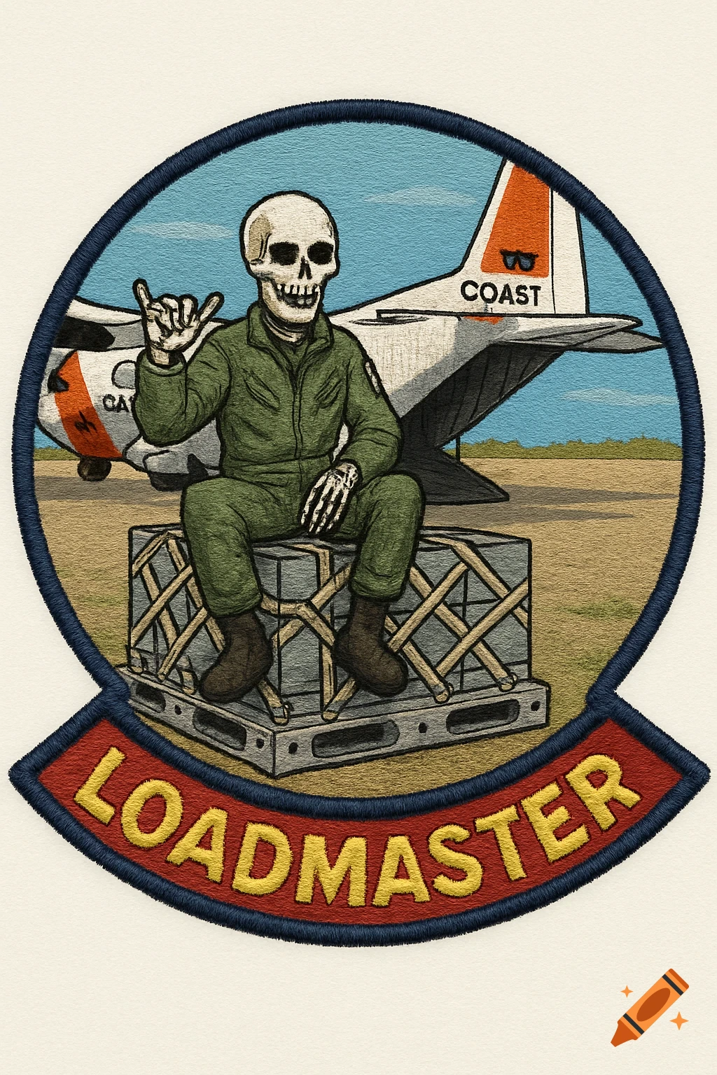 Embroidered patch featuring a skeleton sitting on a crate in front of a plane, with 'LOADMASTER ...