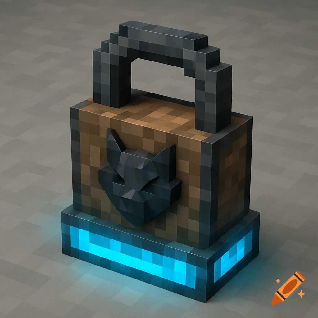 A pixelated minecraft-style lock with a low poly black cat logo and ...