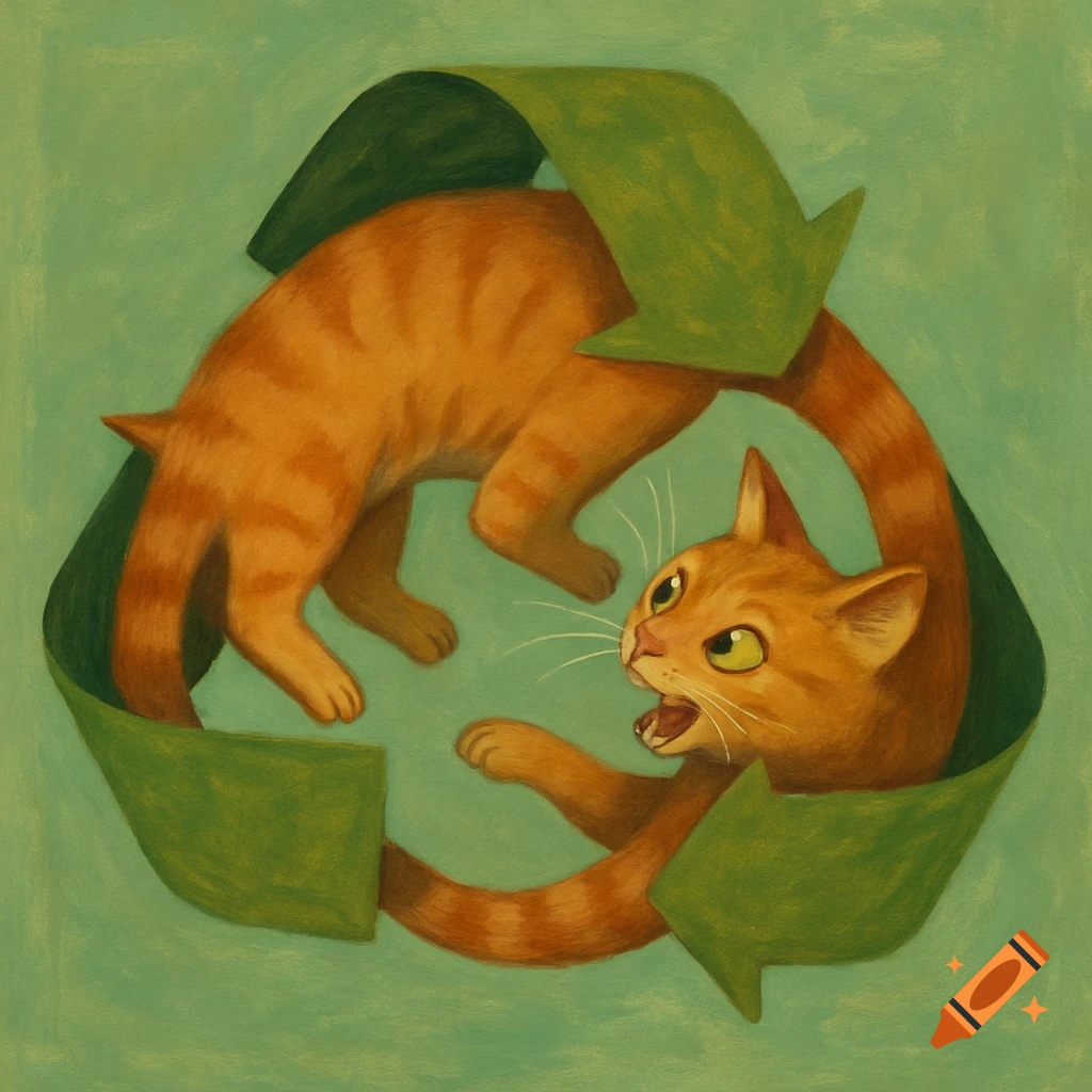 Orange cat twisted into a recycling symbol shape on a green background ...