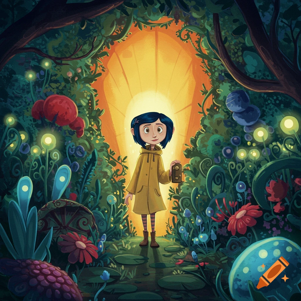 Coraline stands in a vibrant, stylized fantasy forest holding a key. on ...