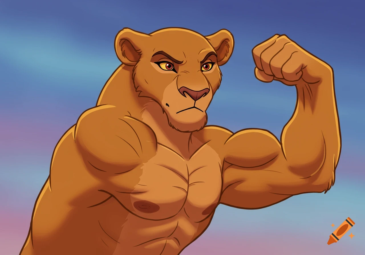 Cartoon lioness with large muscles flexing her arm. on Craiyon