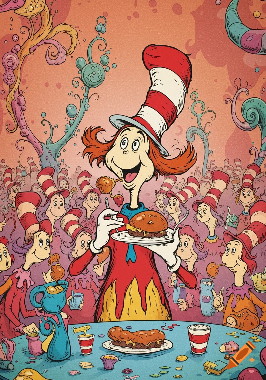Dr Seuss style illustration of a character like the Cat in the Hat ...