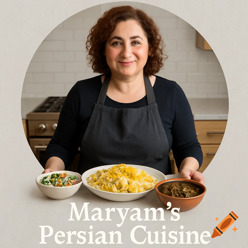 A woman in an apron holds bowls of Persian food with the text "Maryam's ...