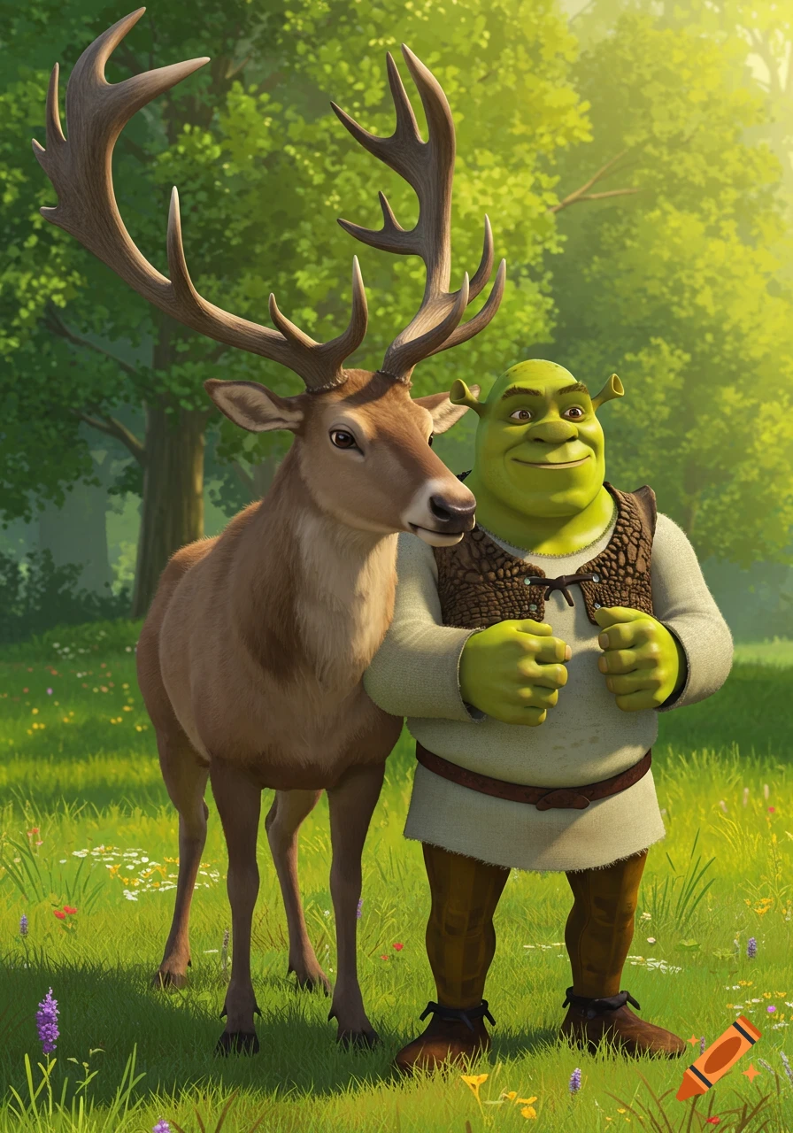Shrek stands next to an elk in a sunny forest meadow. on Craiyon