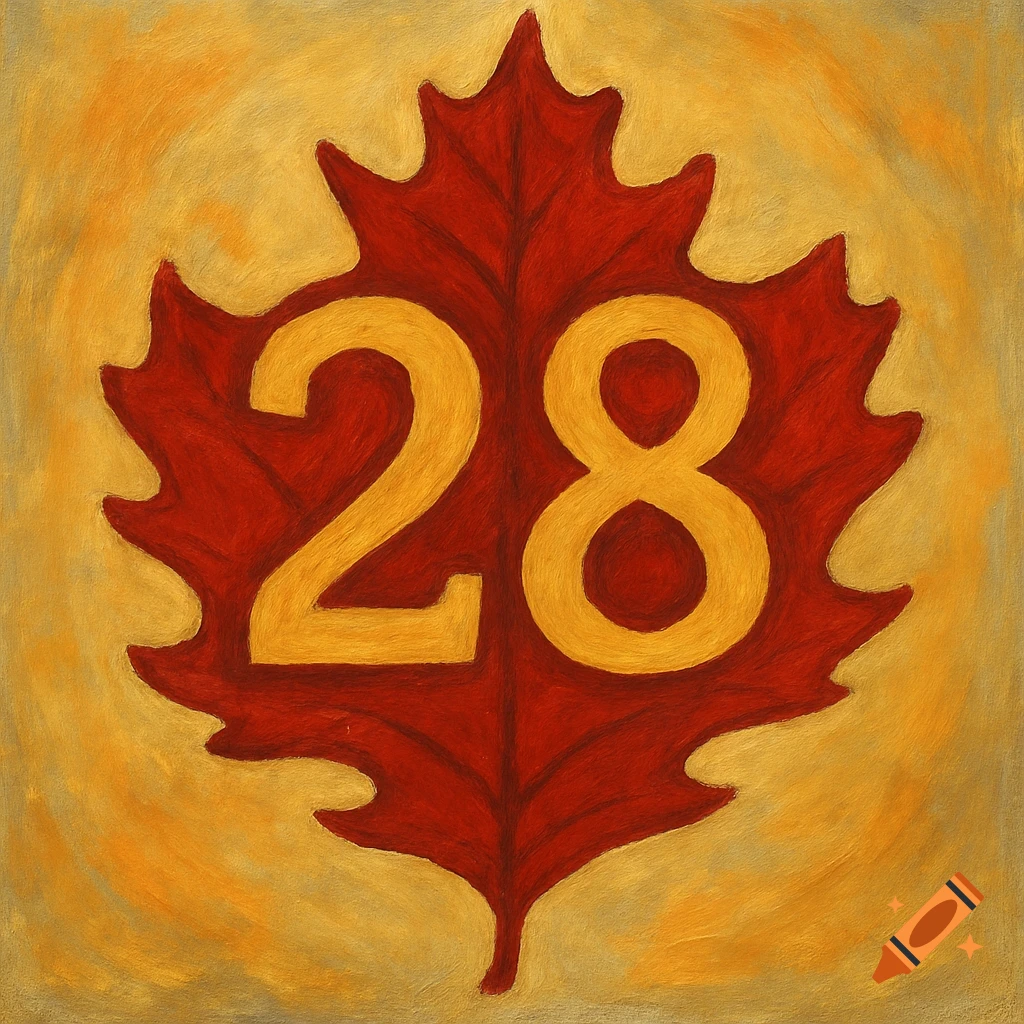 Red oak leaf with the number 28 in gold paint, on a yellow background ...