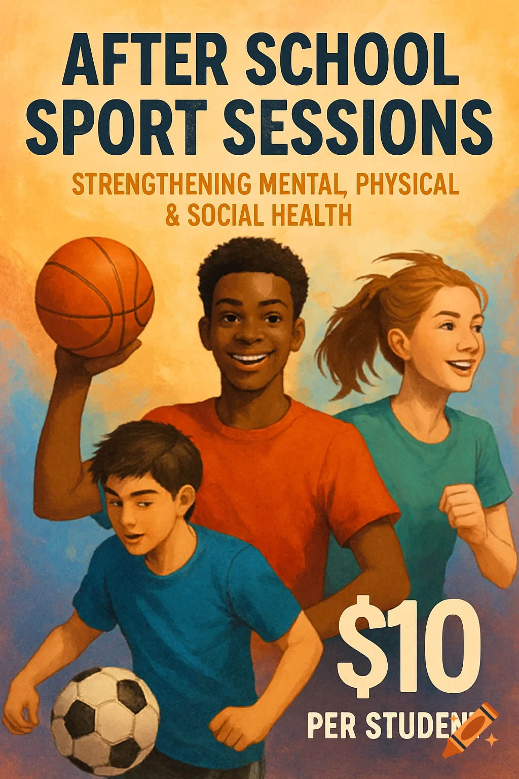 Illustration of three teenagers with sports equipment and text ...