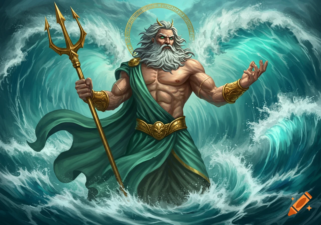 Illustration of Poseidon, god of the sea, standing in stormy waves with his trident. on Craiyon