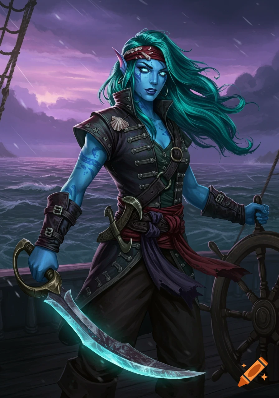 Fantasy illustration of a blue-skinned elf pirate with green hair and a ...