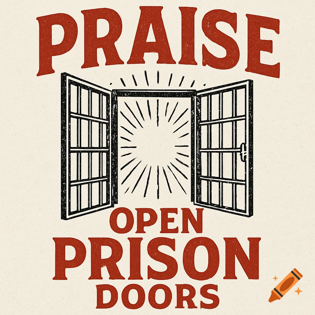 Vintage illustration with text 'PRAISE OPEN PRISON DOORS' and opened ...