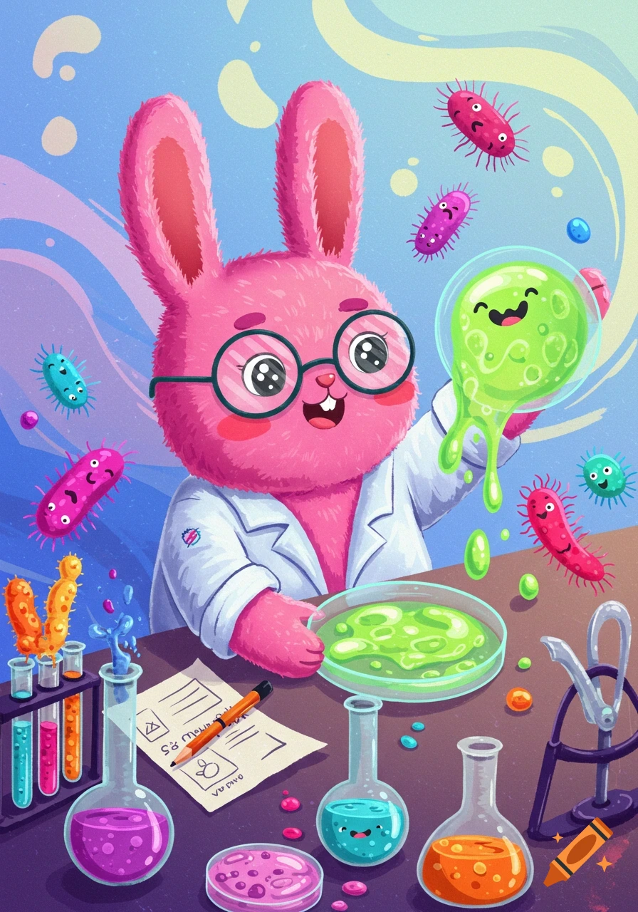 Cartoon illustration of a pink rabbit scientist in a lab coat working ...