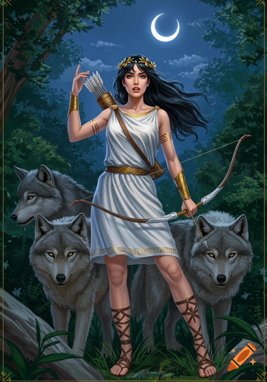 Illustration of the goddess Artemis with bow and arrow standing with two wolves in a forest at ...