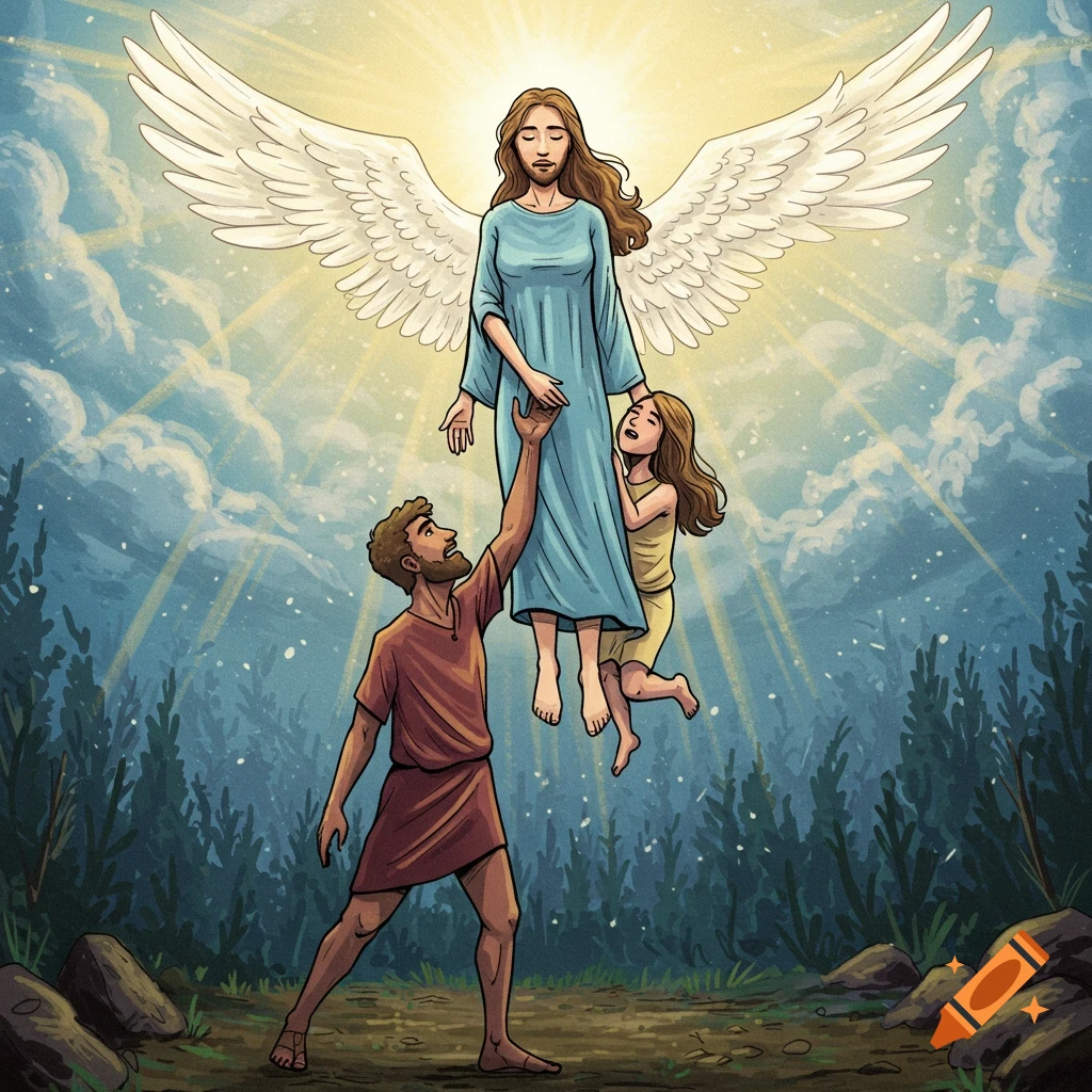 Illustration of a man reaching up towards a woman and child being ...