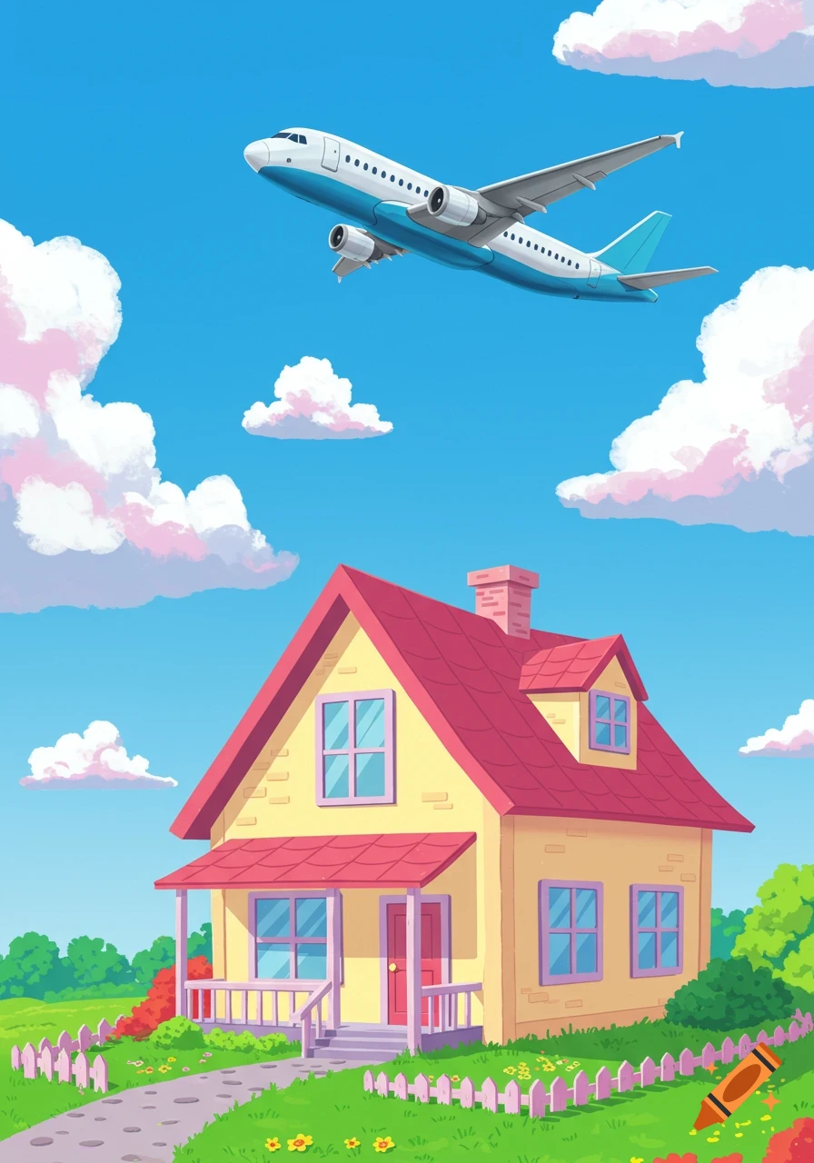 A cartoon airplane flies above a house in a sunny landscape. on Craiyon