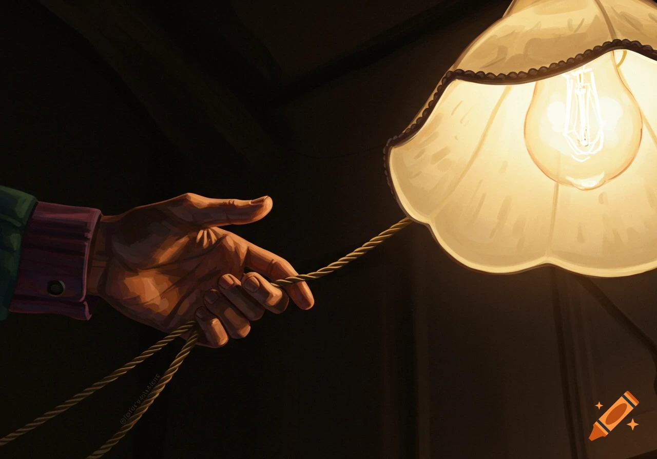 An illustration of a hand pulling a cord to turn on a lamp. on Craiyon