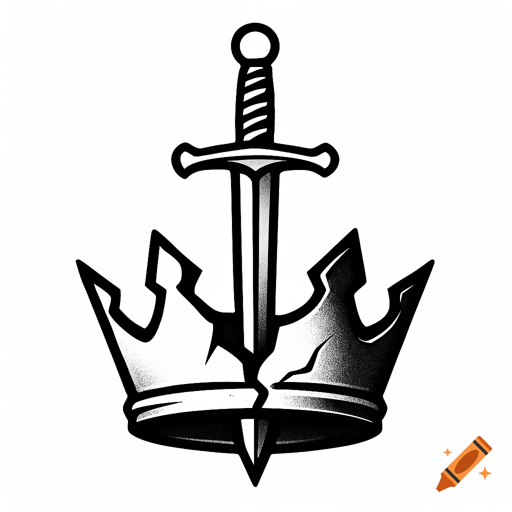 Black and white drawing of a sword piercing a broken crown, styled for ...