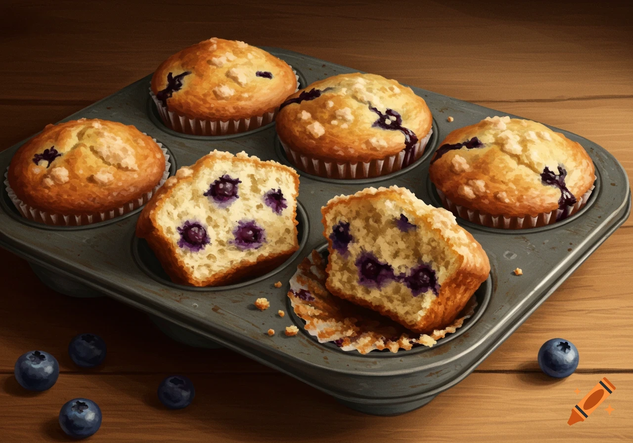 A still life painting of blueberry muffins in a muffin tin, with two ...