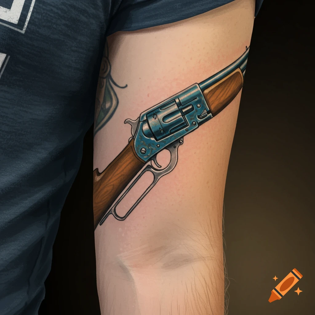 A realistic tattoo of a Marlin lever action rifle on an arm. on Craiyon