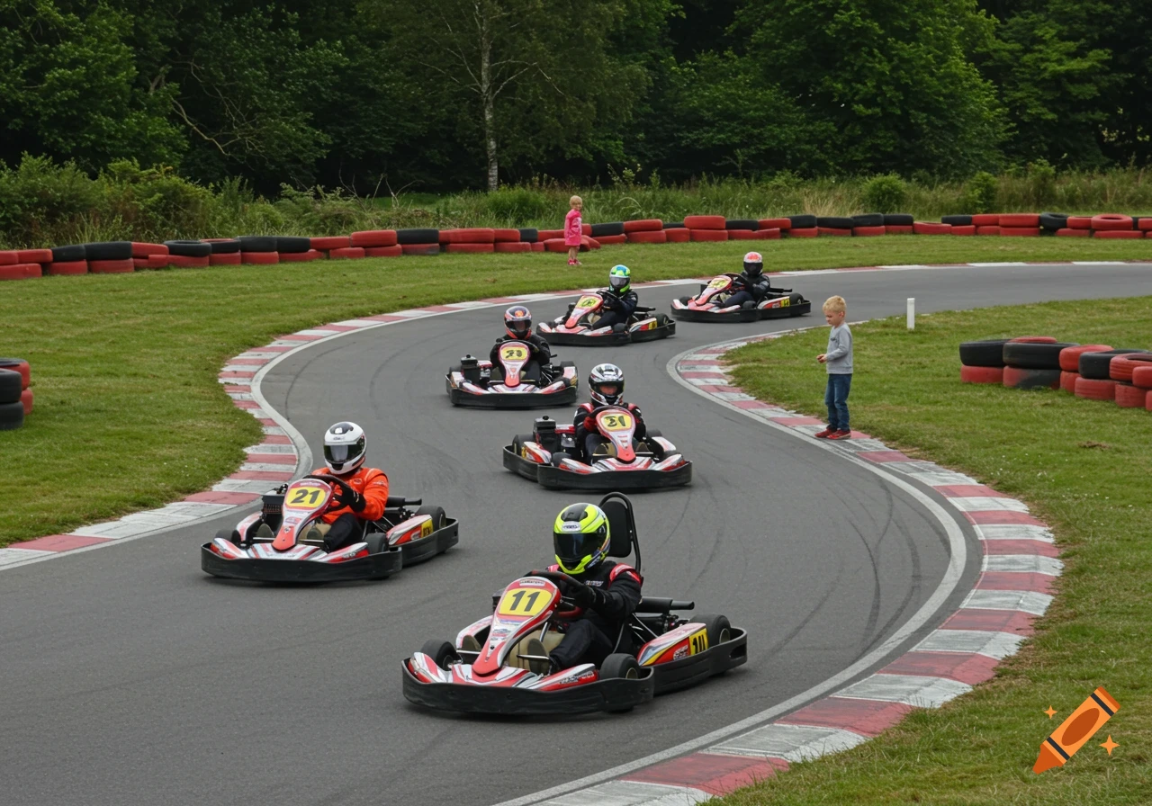 Go-karts racing on a track with spectators. on Craiyon
