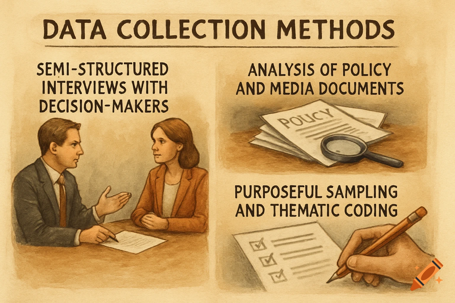 Illustration showing data collection methods: interviews, document ...