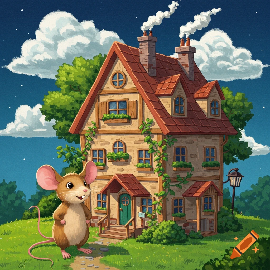 A cute cartoon mouse stands outside a whimsical multi-story house under ...