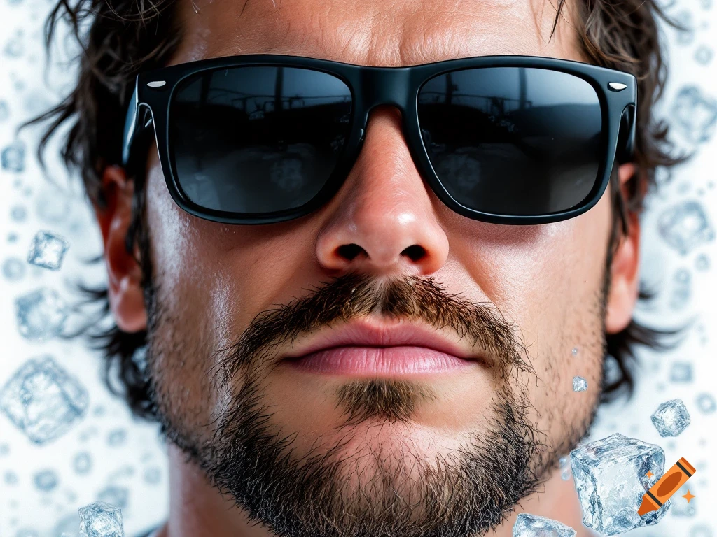 Close-up portrait of a man wearing sunglasses with ice cubes floating ...
