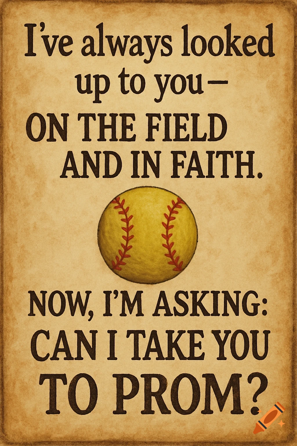 Aged poster with text asking someone to prom, featuring a softball. on ...