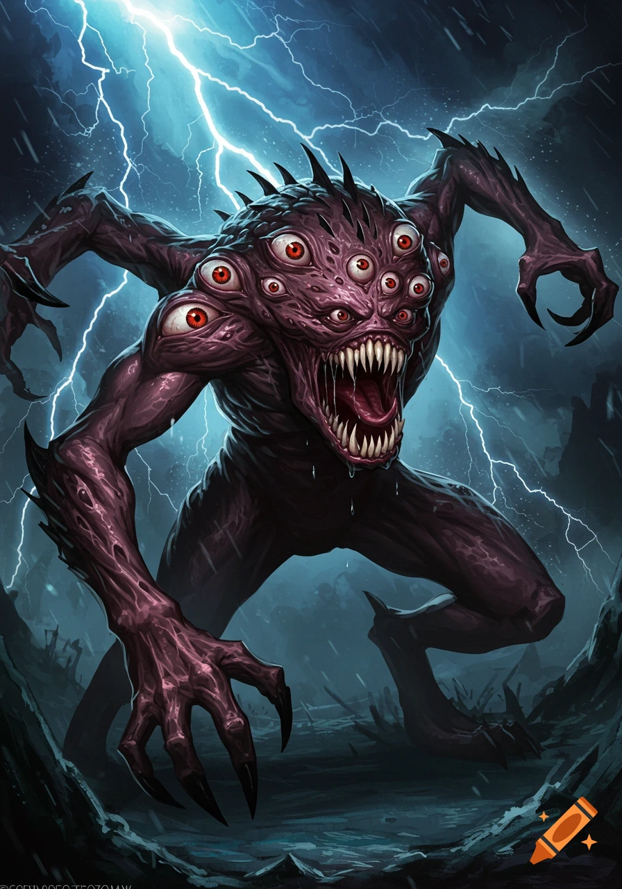 Illustration of a scary, multi-eyed monster with sharp teeth in a ...