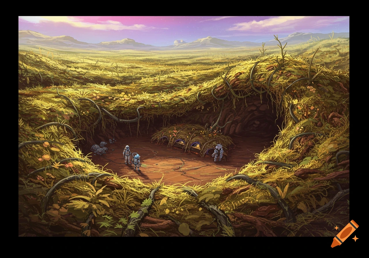 Two astronauts explore an alien planet with an underground shelter ...