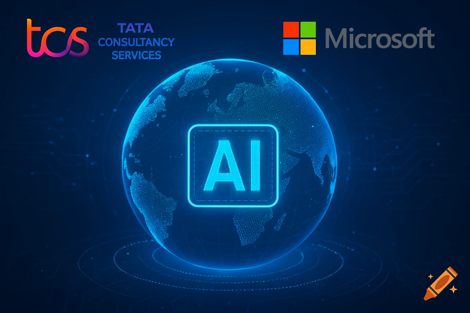 TCS and Microsoft logos above a glowing digital globe with 'AI' text ...
