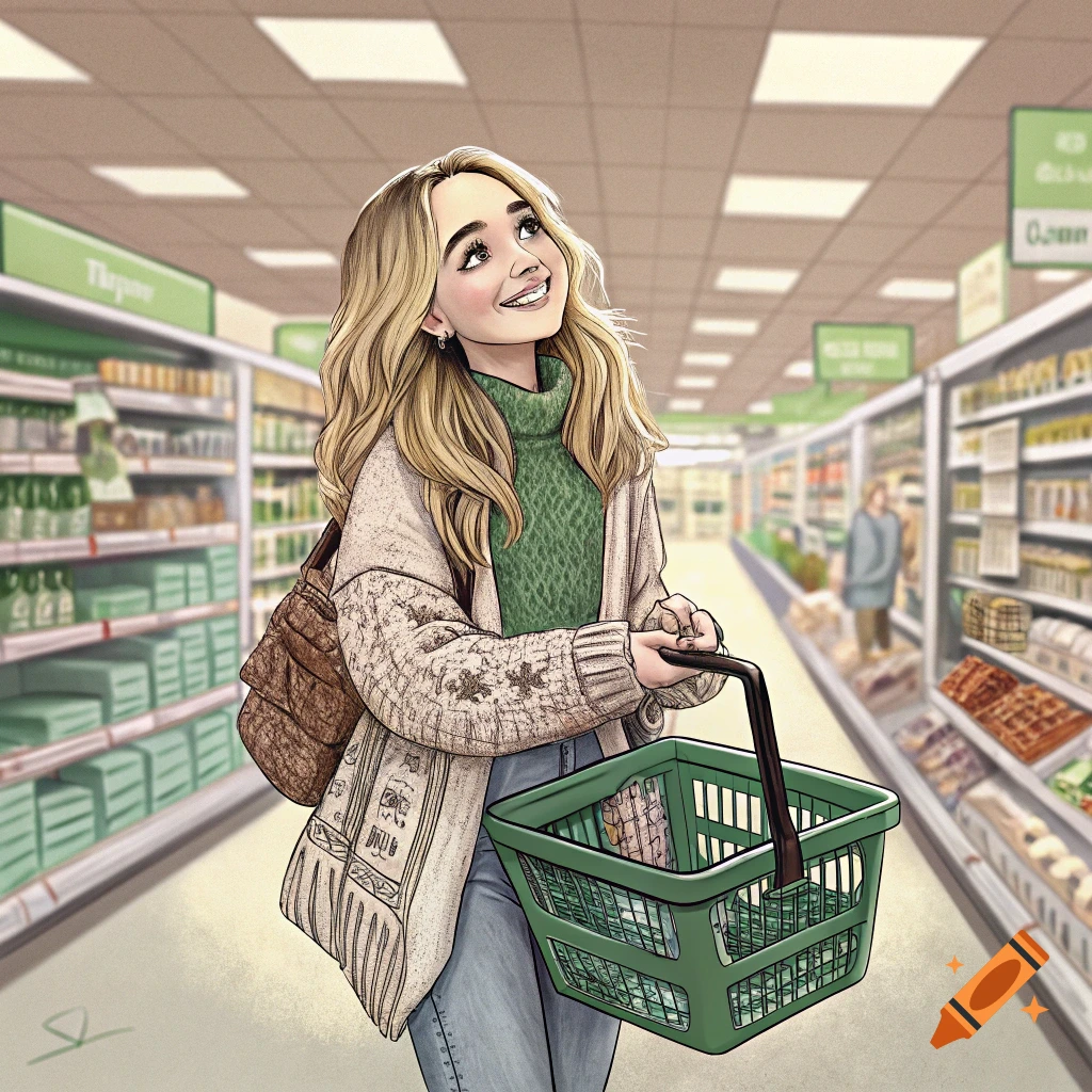 Illustration of a young woman smiling while pushing a shopping basket ...