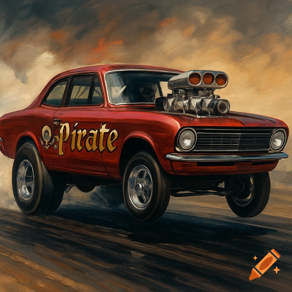 Red drag car with 'Pirate' text doing a burnout, painted style on Craiyon