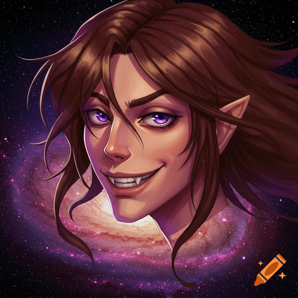 Anime portrait of a character with purple eyes and fangs against a ...