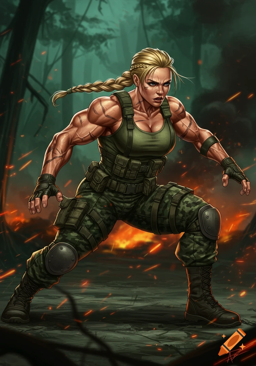 Stylized art of a muscular female commando in tactical gear, crouching ...