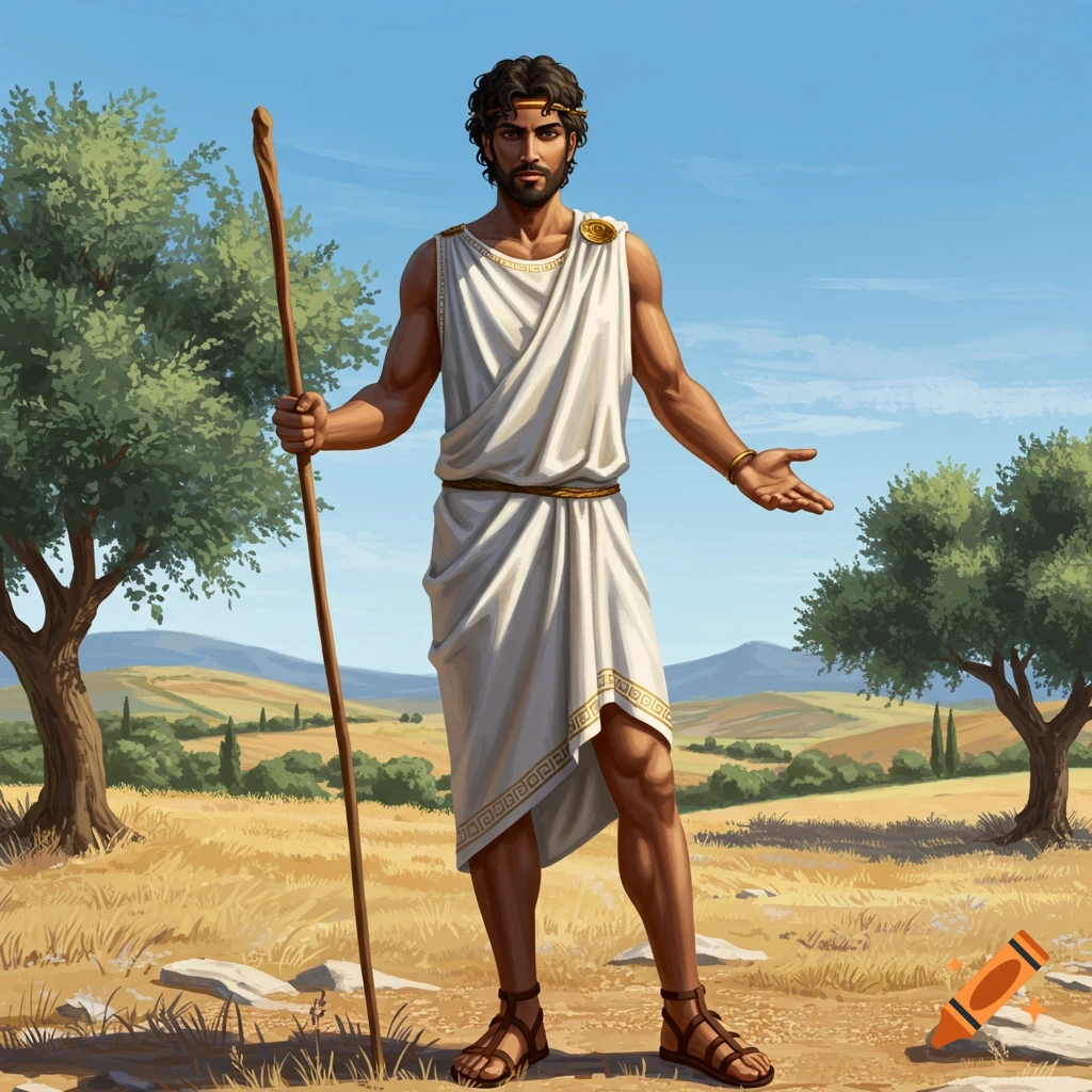 Illustration of a man in ancient Greek attire standing in a field with ...