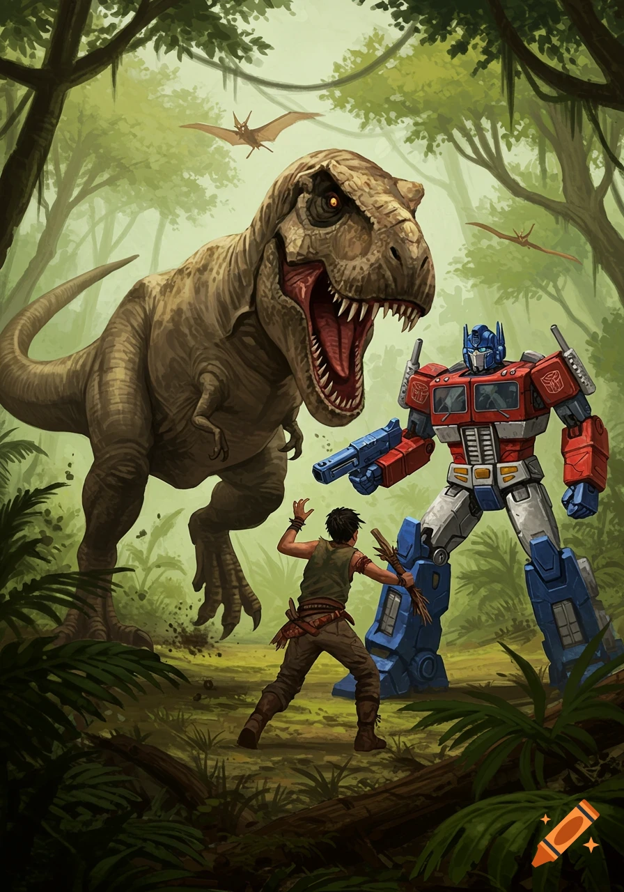 A Tyrannosaurus Rex roars at Optimus Prime and a human in a jungle ...