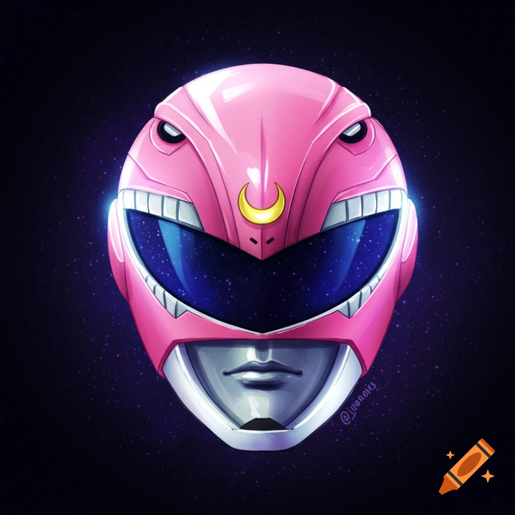 Pink power ranger helmet with a Sailor Moon crescent, reflecting stars ...
