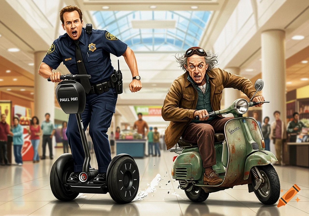 Illustration of a mall cop on a Segway chasing an old man on a scooter ...