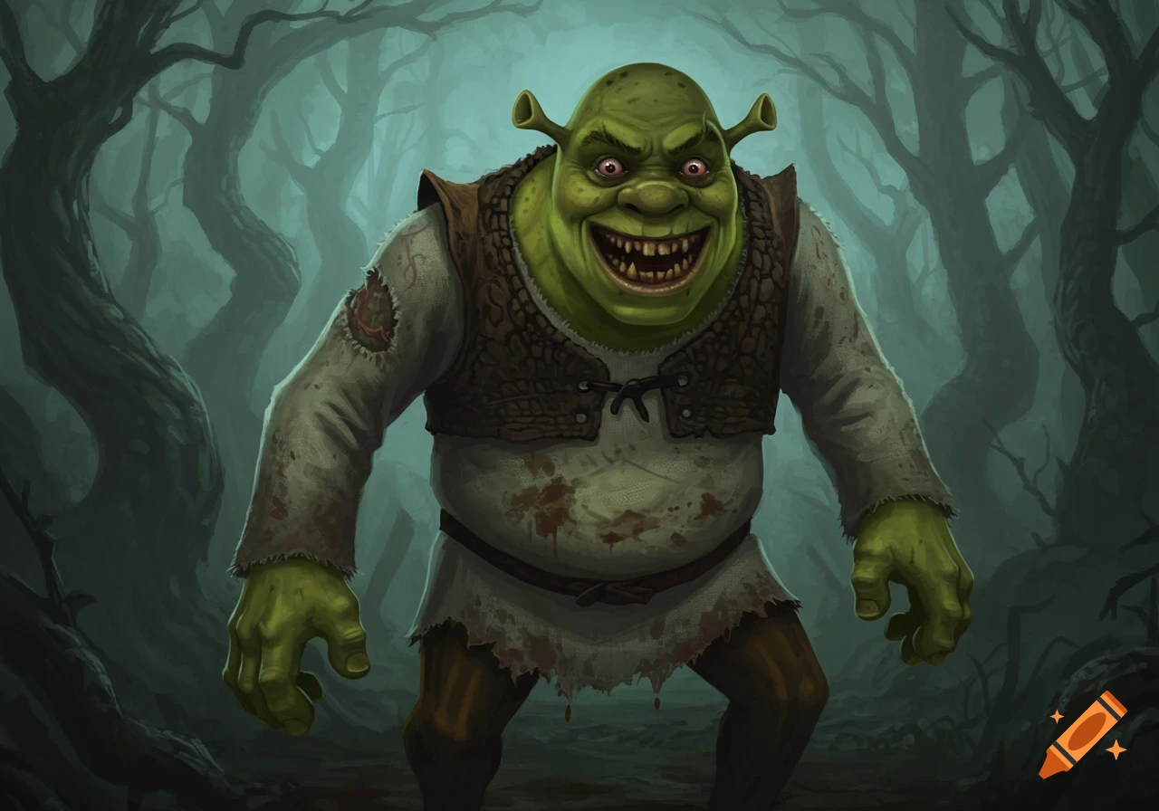 Scary Shrek with a grin standing in a dark, spooky forest. on Craiyon