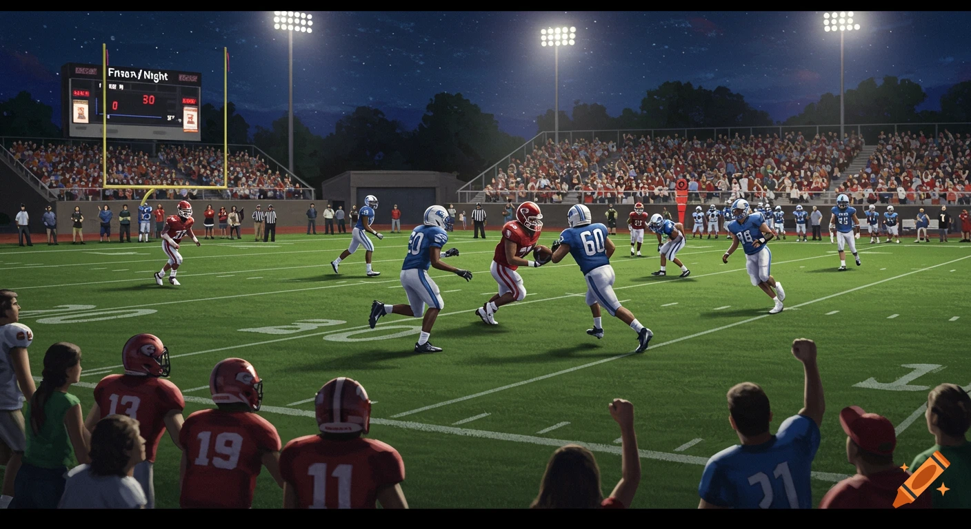 A nighttime American football game in a stadium with players on the ...