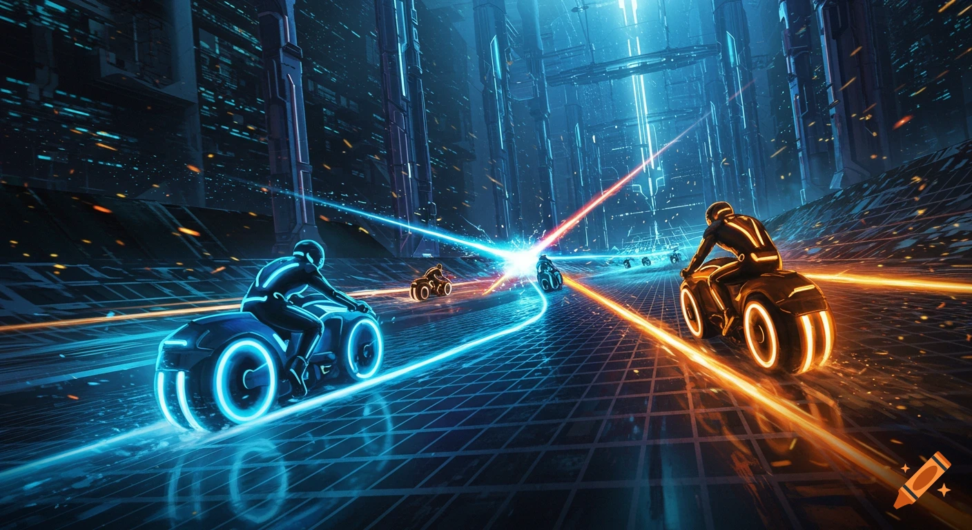 Futuristic light cycle battle in a glowing digital city grid on Craiyon